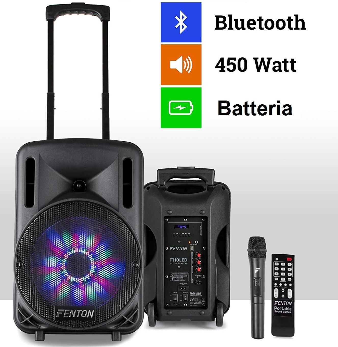 CASSA AMPLIFICATA ATTIVA 450W 10" BLUETOOTH + BATTERIA + MICROFONO ...